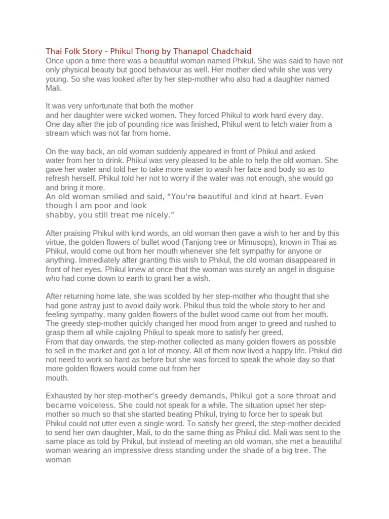 Phikul Thong: A Thai Folk Tale of Kindness | PDF | Greed