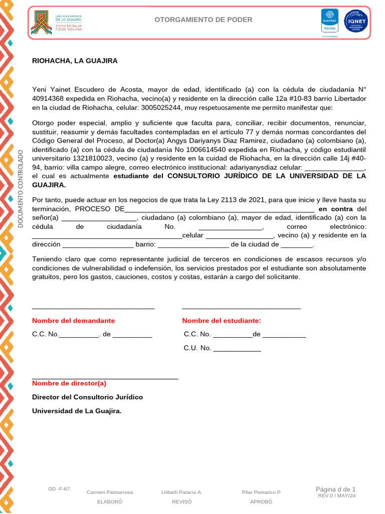 GD-F-67. Otorgamiento de Poder Judicial Revision 0 | PDF | Justicia | Crimen y violencia