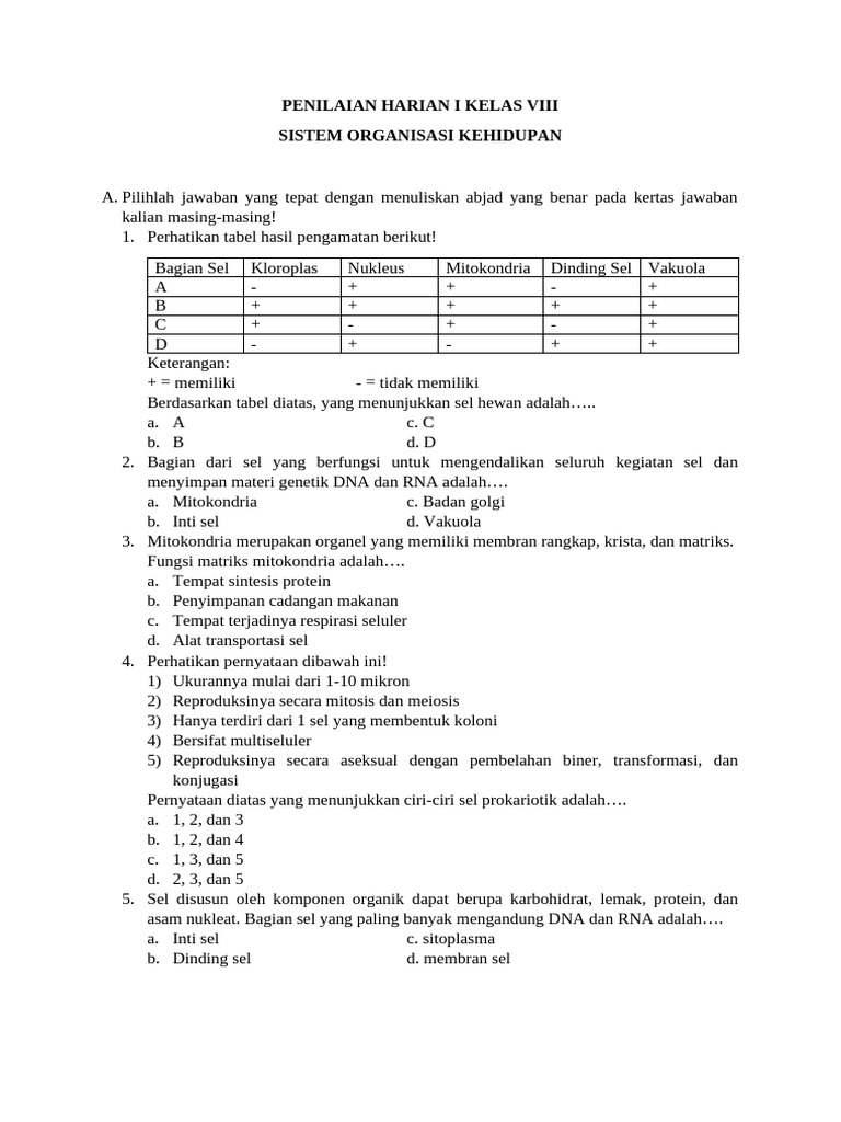 Penilaian Harian I Kelas Viii | PDF