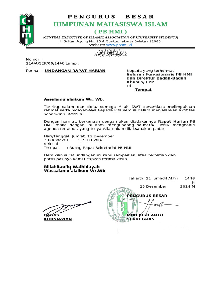UNDANGAN RAPAT HARIAN PB HMI (1) | PDF