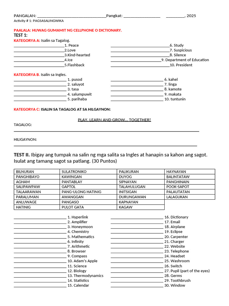 Pagsasalin Wika Quiz 1 | PDF