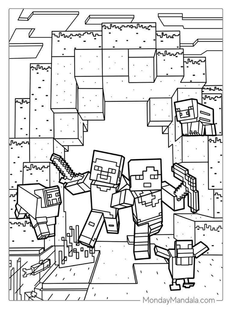 Alex and Steve Surrounded by Minecraft Blocks Coloring | PDF