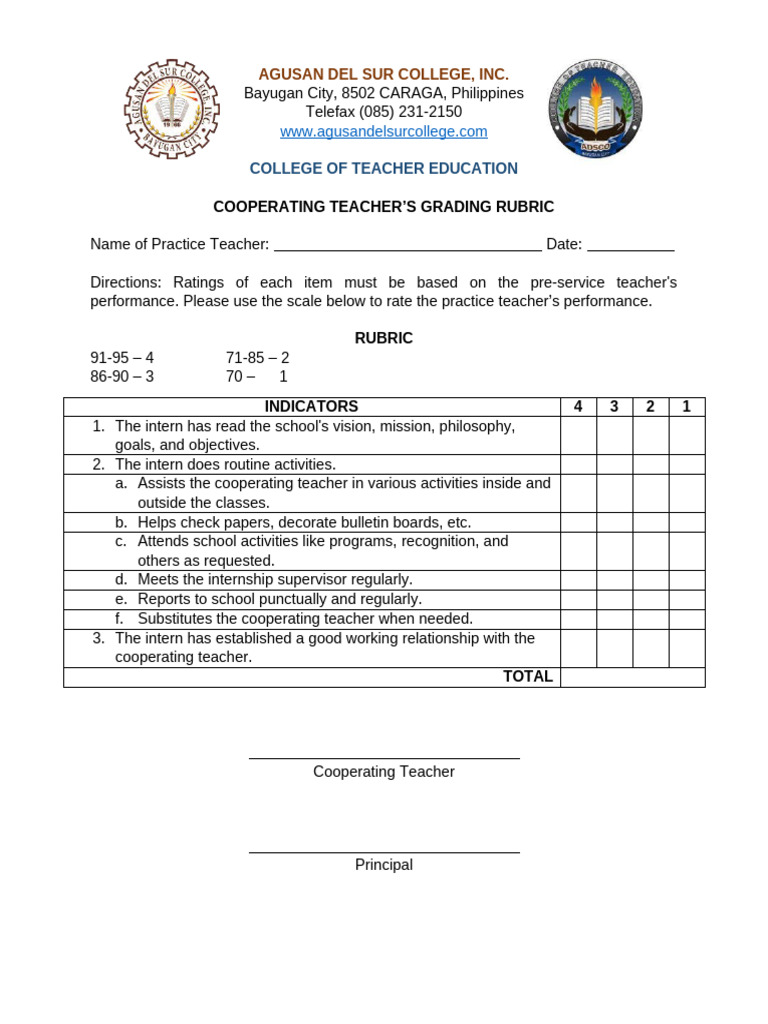Teacher Internship Evaluation Rubric | PDF