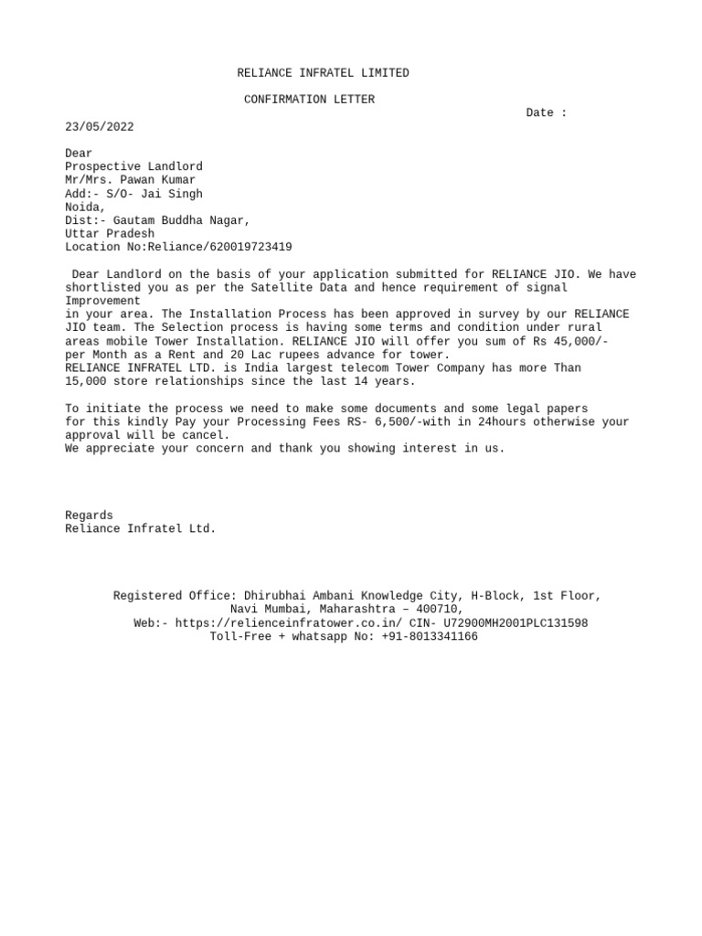 580898122-CONFIRMATION-LETTER-RELIANCE-INFRATEL-PVT-LTD | PDF
