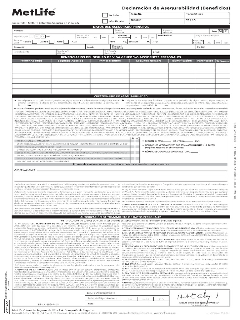 Formulario Vida Metlife | PDF
