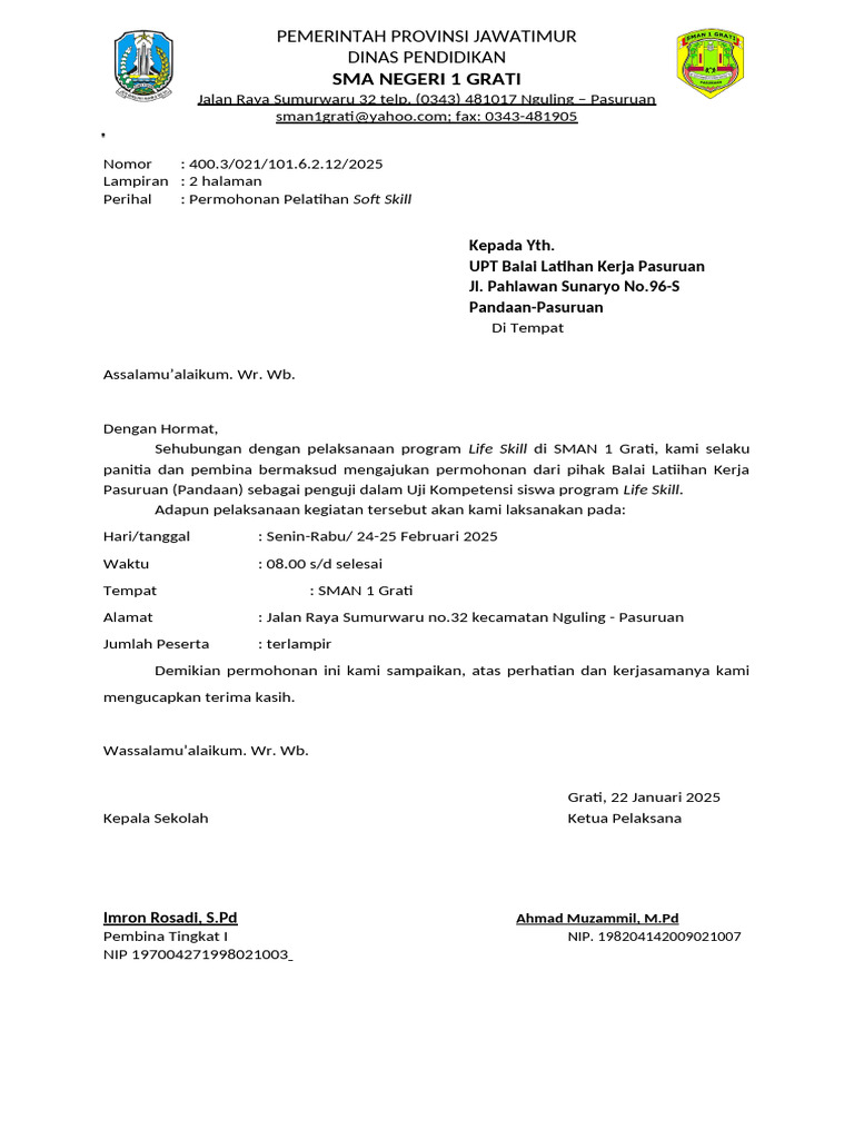 Surat Permohonan Penguji Kompetensi Ke BLK | PDF