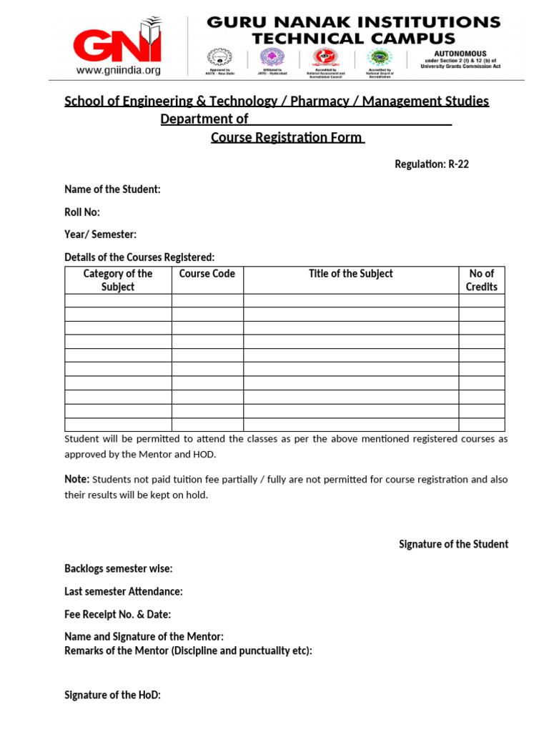 Student Course Registration Format | PDF