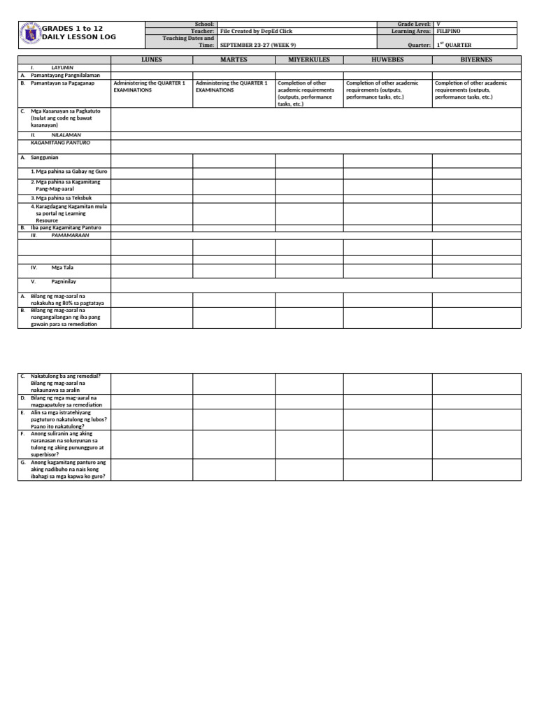 DLL - Filipino 5 - Q1 - W9 | PDF