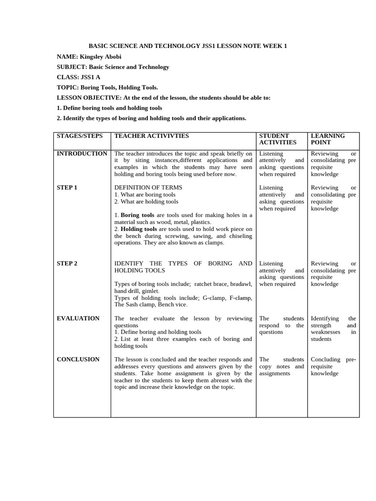 Basic Science and Technology JSS1 Lesson Note Week | PDF | Tools | Learning