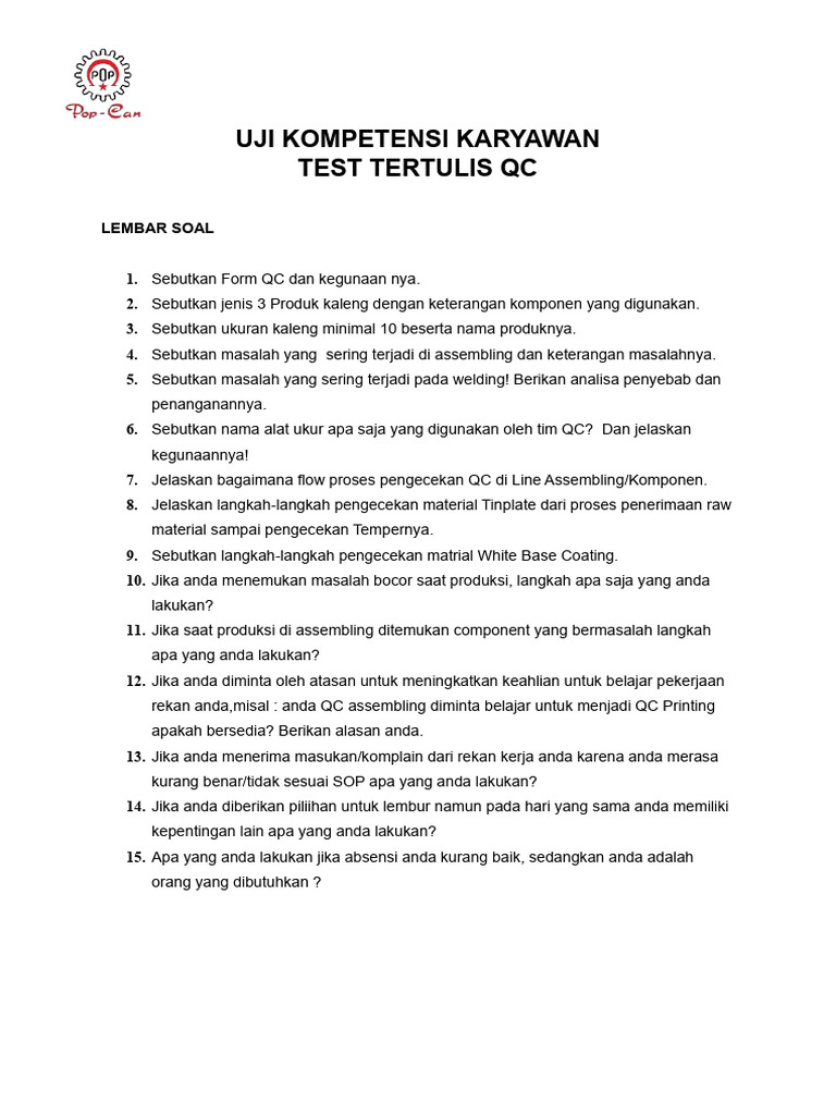 Lembar Test Tulis QC 2024 | PDF