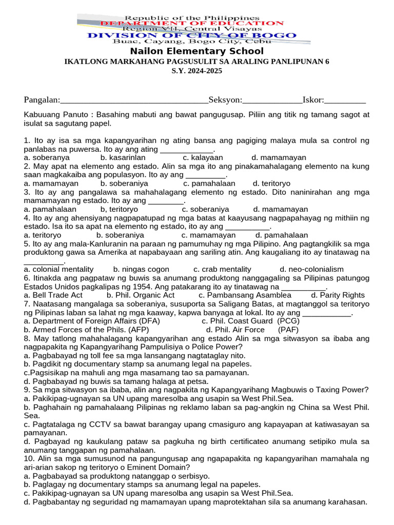 Ap-3rd Quarter Exam | PDF