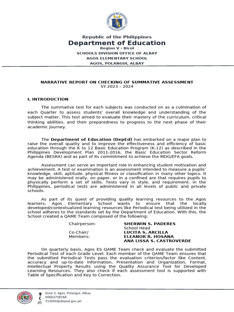 Narrative Report On The Conduct of Summative Test | PDF | Educational ...