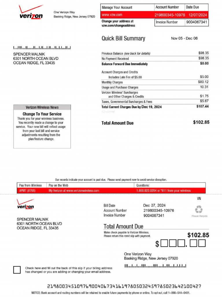 Spencer Verizon Bill Address | PDF