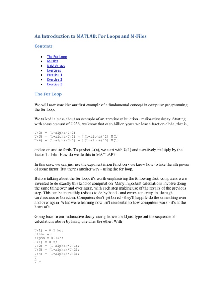 An Introduction To MATLAB For Loops and M-Files | PDF | Array Data Type ...