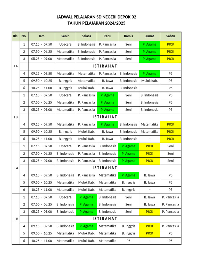 Jadwal Pelajaran 2425 | PDF