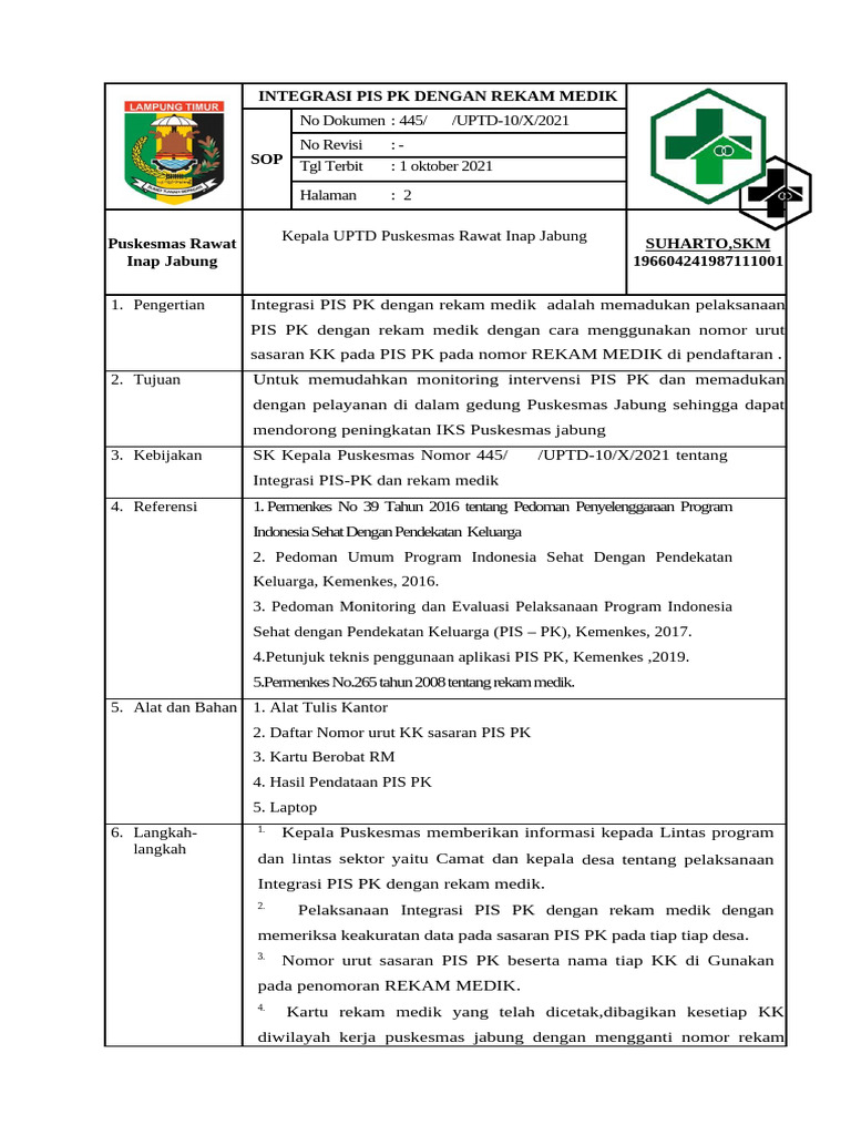Sop Integrasi Pis-Pk Dengan Rekam Medik | PDF