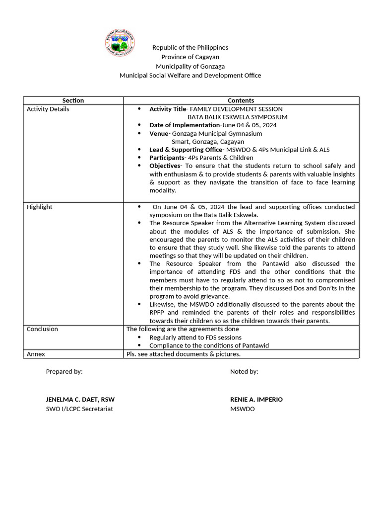 CFLGA DOCUMENTATION Bata Balik Eskwela FDS | PDF