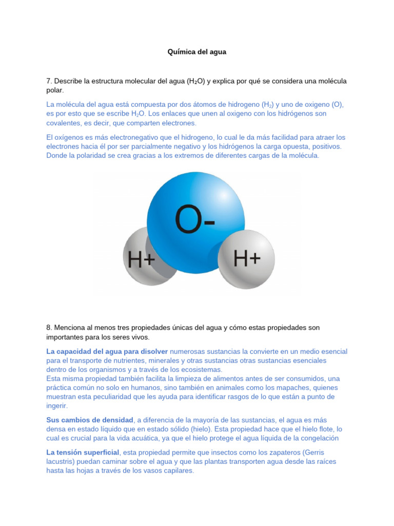 Estructura y propiedades del agua H₂O | PDF | Agua | Propiedades del agua
