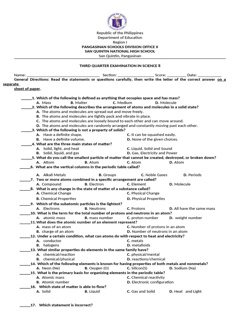 Science 8 Third Quarter Exam Guide | PDF | Atoms | Periodic Table