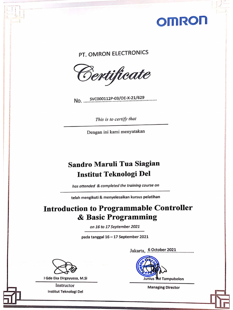 Sertifikat Pelatihan PLC | PDF