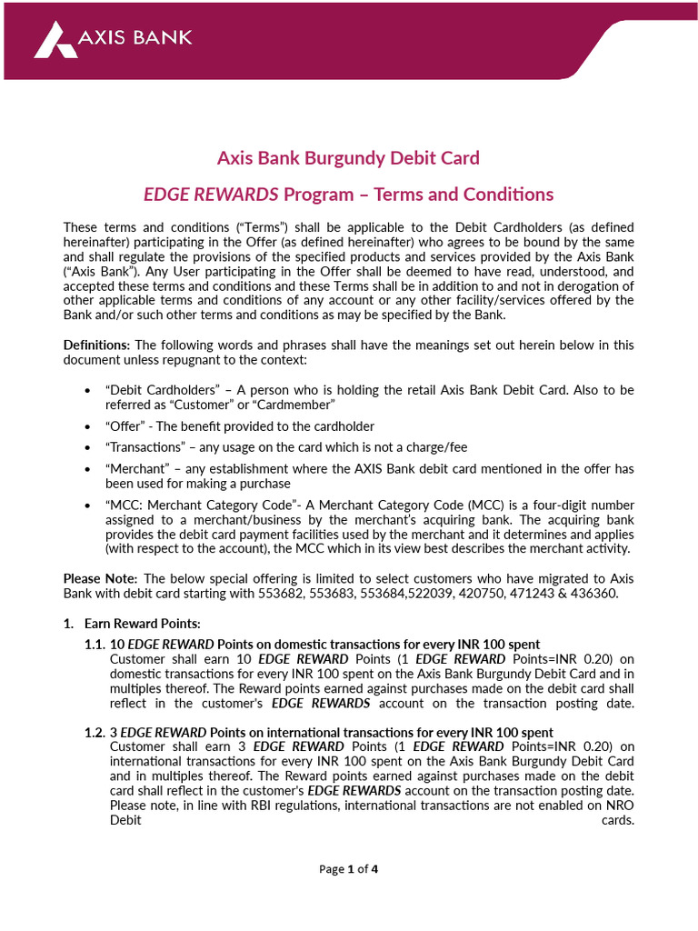 Terms and Conditions For Axis Bank Burgundy Debit Card Edge Rewards Program | PDF | Loyalty ...