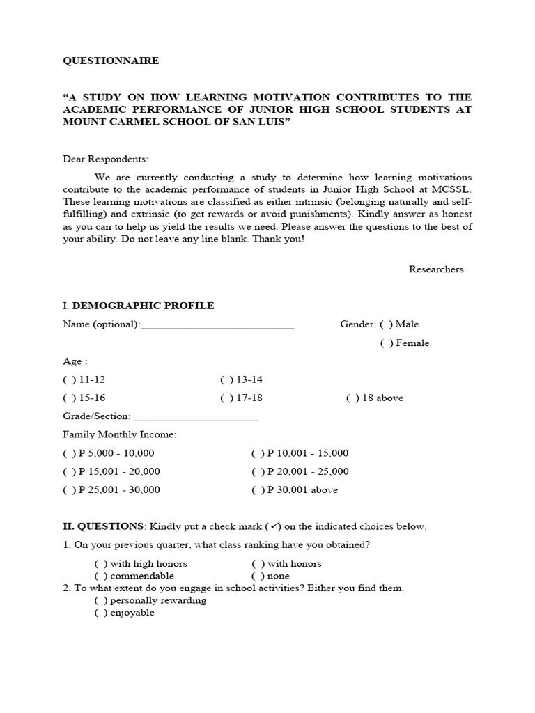QUESTIONNAIRE Final | PDF | Motivational | Motivation