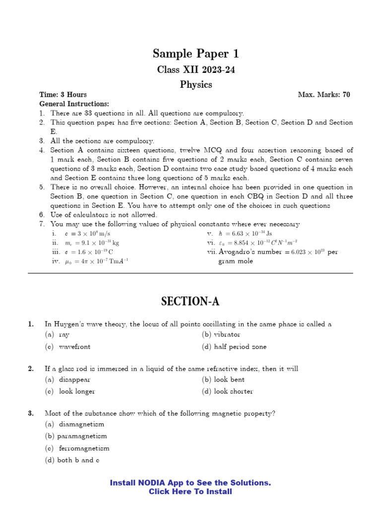 Physics Sample Papers. (Without Solution) | PDF | Diffraction ...
