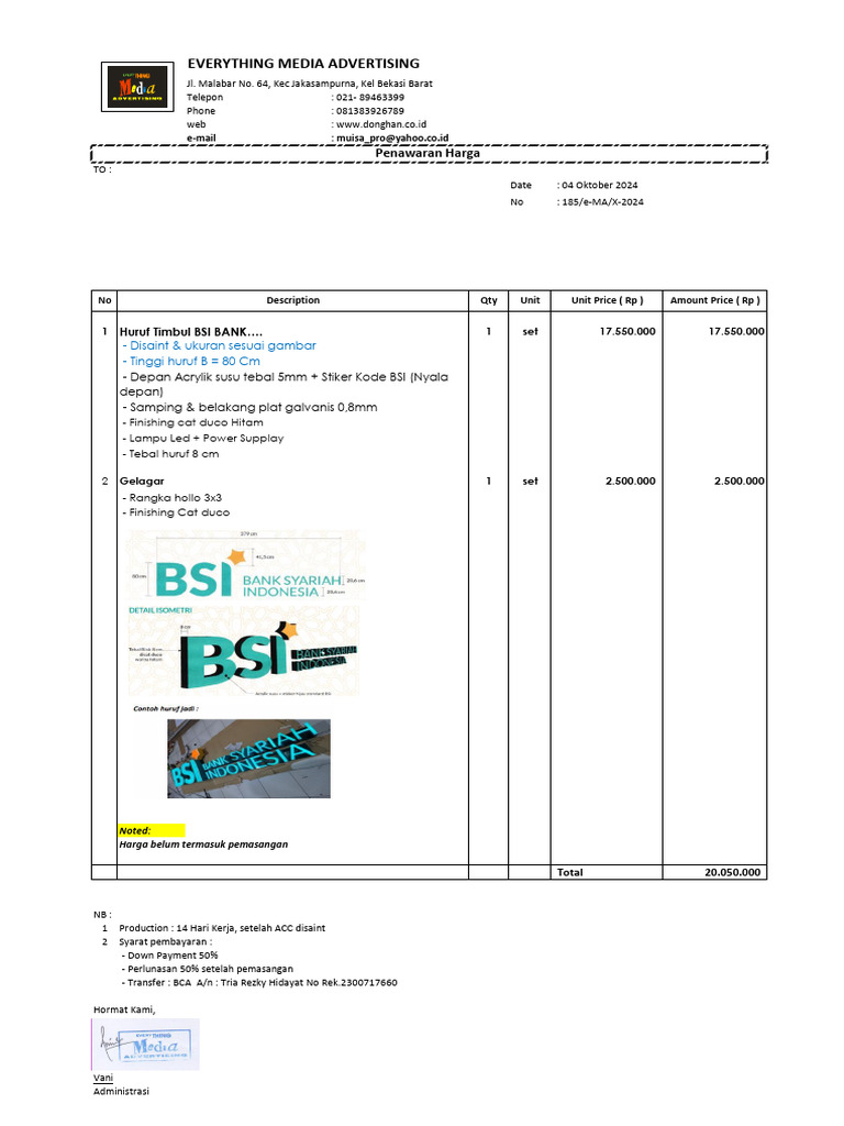 Contoh Penawaran Letter BSI | PDF