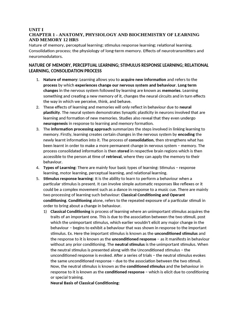 Unit 1 Anatomy Physiology and Biochemistry of Learning and Memory | PDF | Long Term Potentiation ...