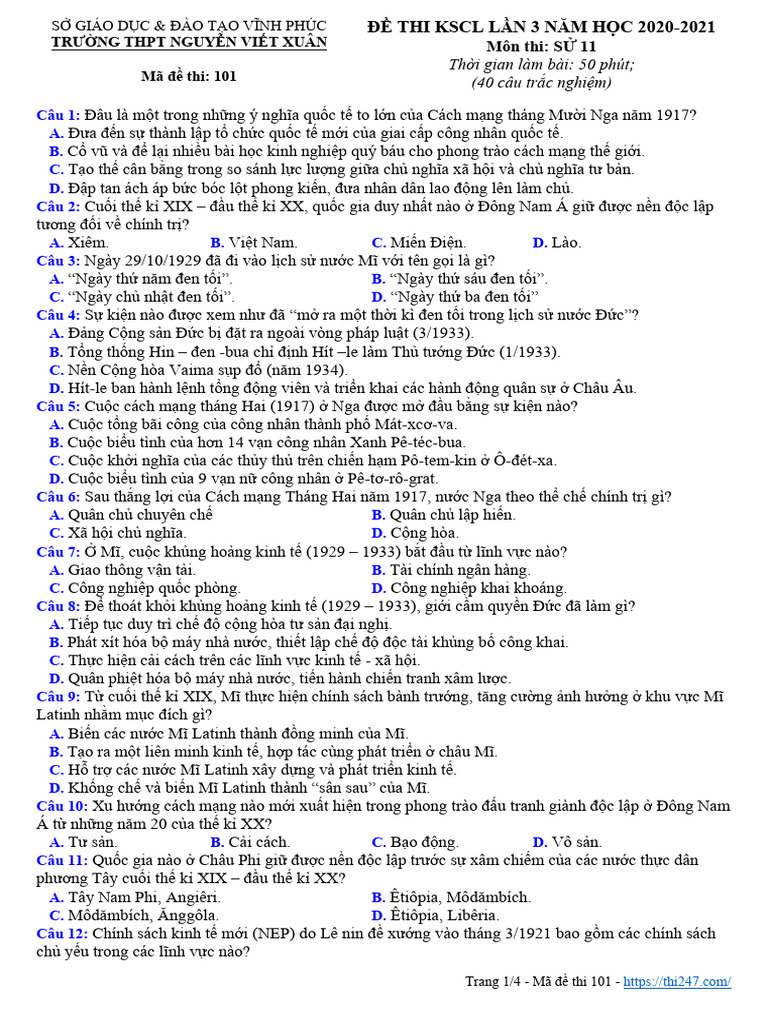 De Khao Sat Lich Su 11 Lan 3 Nam 2020 2021 Truong Nguyen Viet Xuan Vinh Phuc | PDF