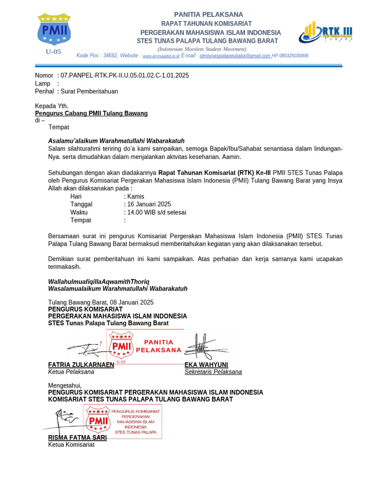 Surat Pemberitahuan RTK KE PC TUBA | PDF