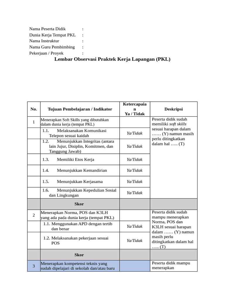 Lembar Observasi Dan Nilai PKL 2024 | PDF