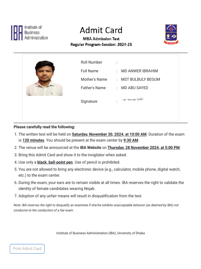 IBA - MBA Admit Card | PDF