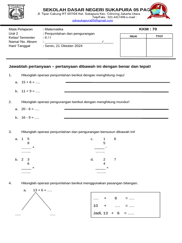 Sumatif Matematika Bab 2 Penjumlahan Dan Pengurangan | PDF