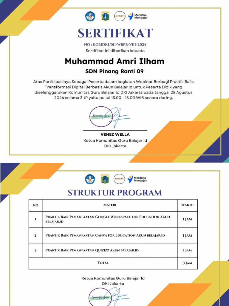 Sertifikat Webinar Berbagi Praktik Baik 28 Agustus 2024 - Muhammad Amri Ilham | PDF