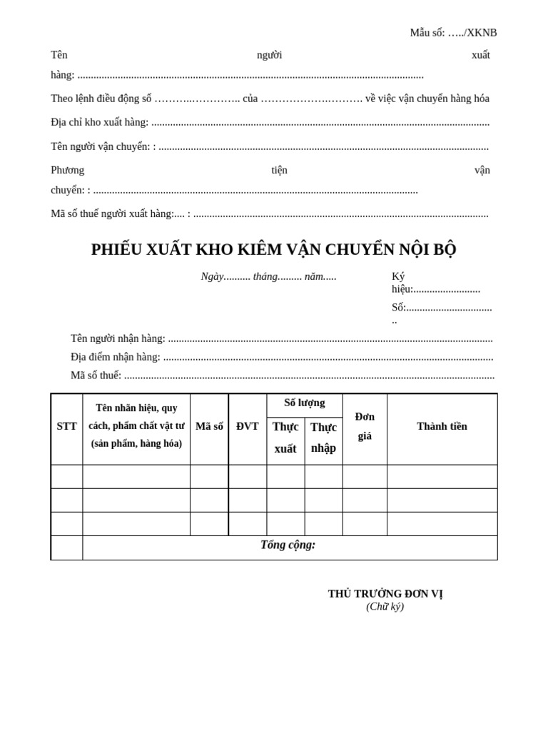 Phieu Xuat Kho Kiem Van Chuyen Noi Bo | PDF