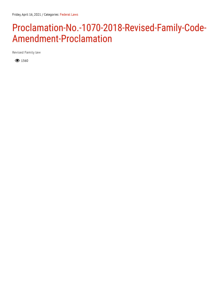 Proclamation No. 1070 2018 Revised Family Code Amendment Proclamation | PDF