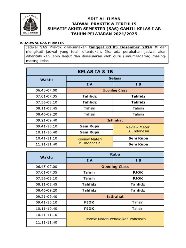 Jadwal SAS Ganjil Kelas I SDIT Al-Ihsan | PDF
