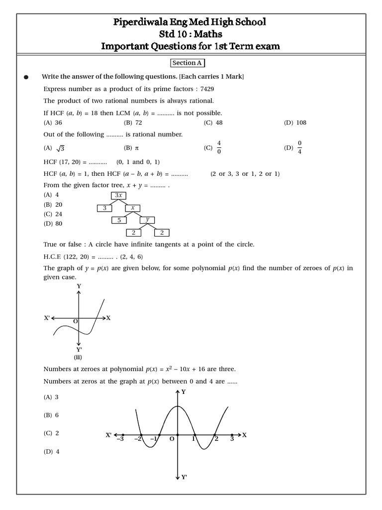 Important Maths Questions for Std 10 Exam | PDF | Triangle | Polynomial