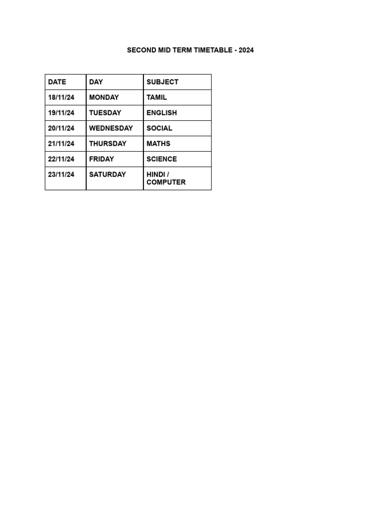 2024 Second Mid Term Timetable | PDF