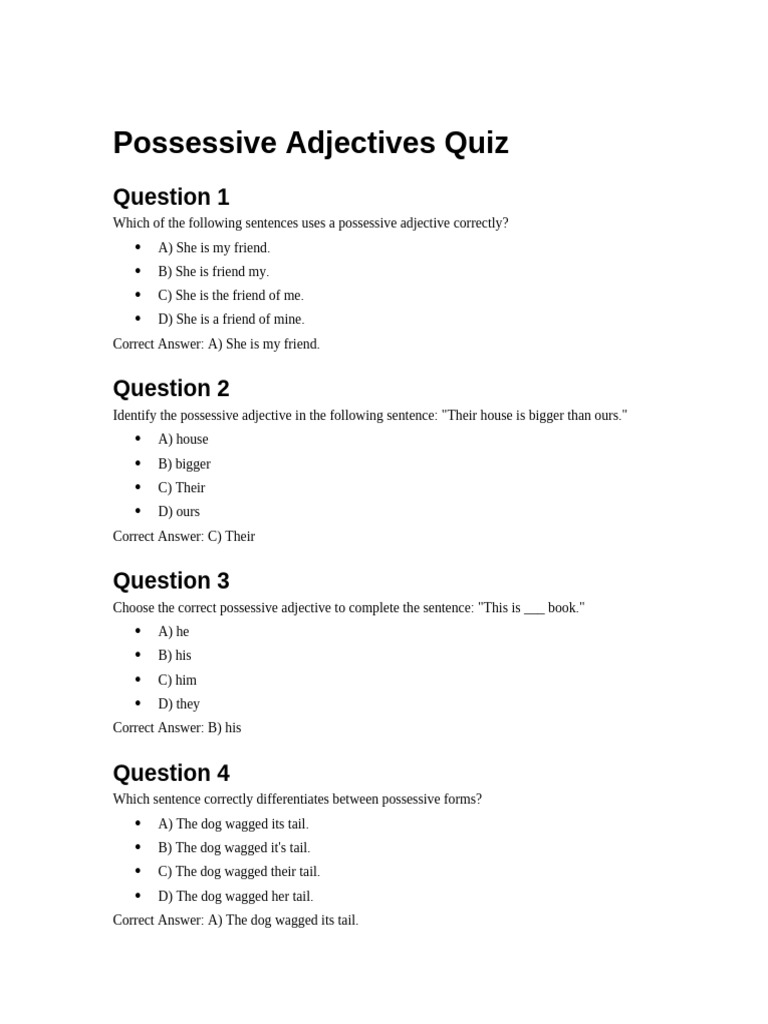 Possessive Adjectives Quiz | PDF | Syntax | Grammar