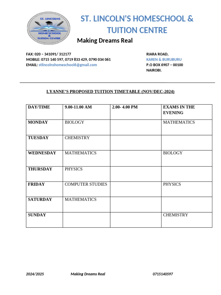 Lyanne's November 2024 Tuition Timetable | PDF