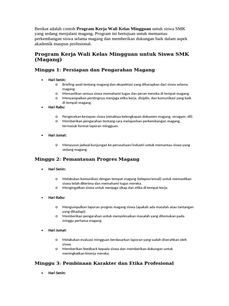 Berikut Adalah Contoh Program Kerja Wali Kelas Min | PDF