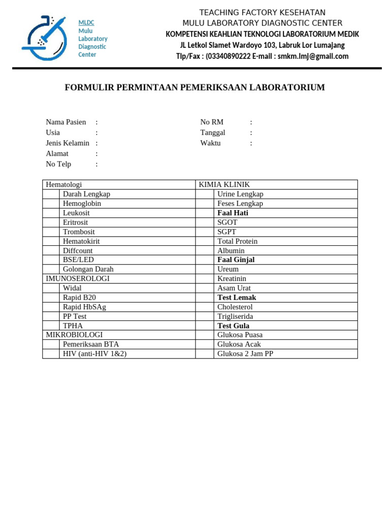 FORMULIR PERMINTAAN PEMERIKSAAN LABORATORIUM + REKAM MEDIS PASIEN ...