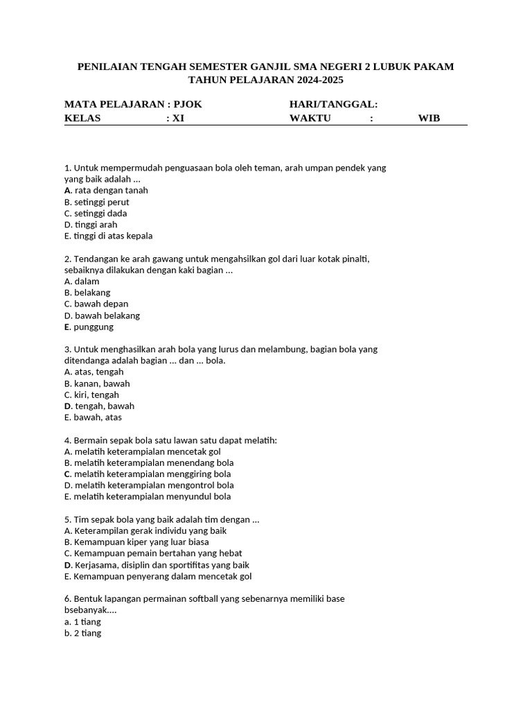 PENILAIAN TENGAH SEMESTER GANJIL SMA NEGERI 2 LUBUK PAKAM TAHUN PELAJARAN 2024 | PDF