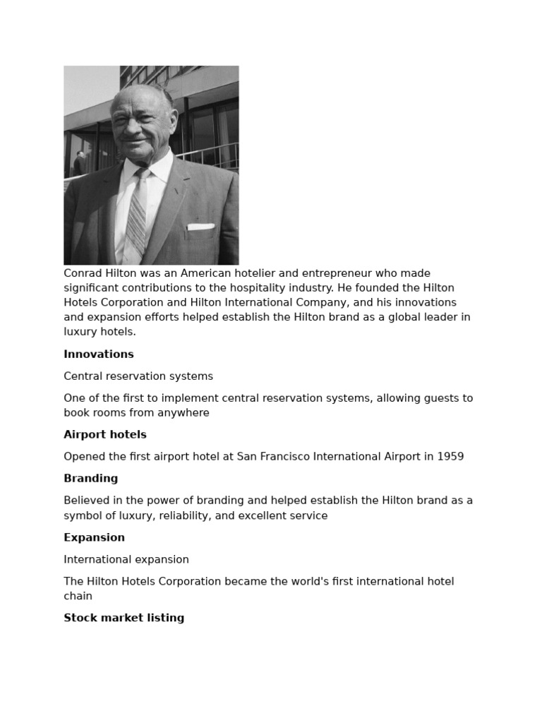 Conrad Hilton: Pioneer of Luxury Hotels | PDF | Hilton Worldwide | Hotel