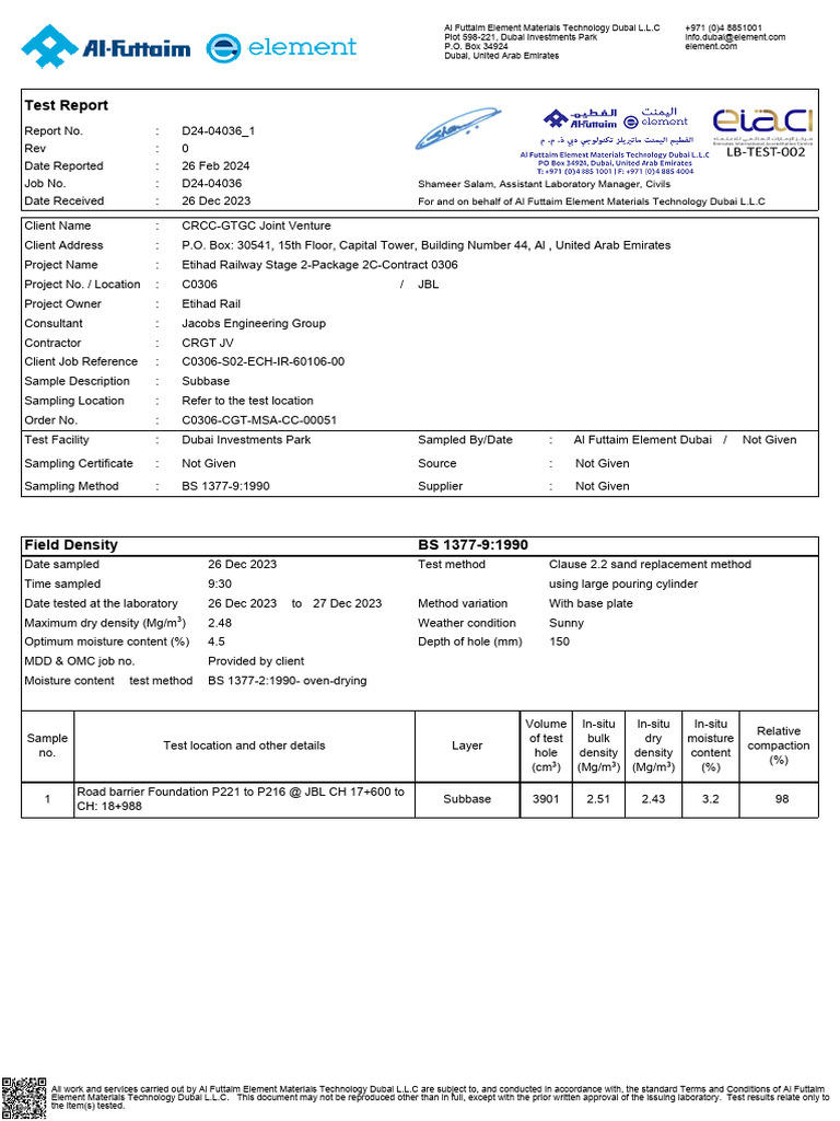 Report - D24-04036 - BS 1377 - 1 - FDT - Rev0 | PDF | Density | Dubai