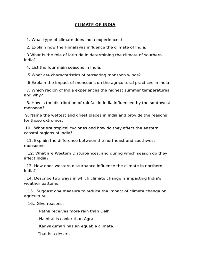 Climateof India-Revision Sheet | PDF