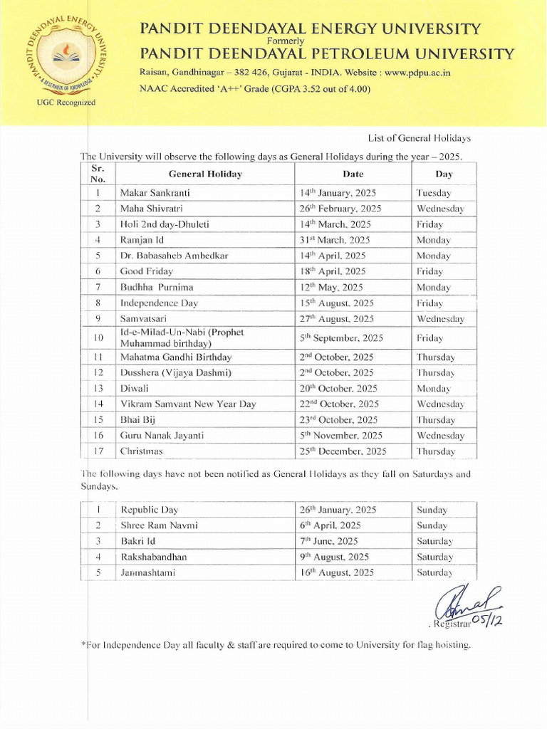 Circular -General Holidays 2025 | PDF