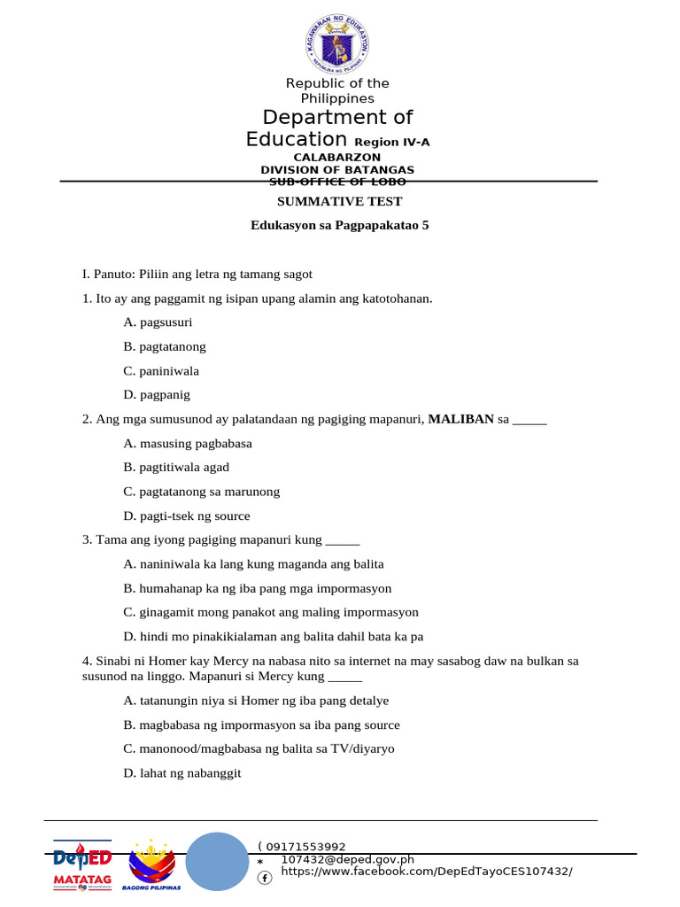 SUMMATIVE TEST ESP 5 WEEK 2-4 | PDF